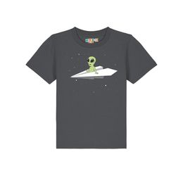 watabout.kids T-Shirt 'Alien On A Paper Plane' Jungen Gr&ouml;&szlig;e 98/104 anthrazit / hellgrau / gr&uuml;n