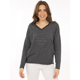 Sweatshirt Zwillingsherz ""Positive Mind"", Damen, Gr. L/XL, dunkelgrau, Sweatware, Obermaterial: 70% Baumwolle, 30% Polyester, l&auml;ssig geschnitten Po-bedeckend, V-Ausschnitt, Sweatshirts Sweatshirt, ausgefranster V-Ausschnitt, Used Look, Langarm, Schriftzug