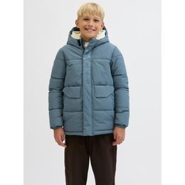 Jack & Jones Steppjacke JACK & JONES JUNIOR "JCOSPEED PUFFER SN JNR", Jungen, Gr. 152, stormy weather detail:tone in tone logo chest, Web, Obermaterial: 100% Polyester, unifarben mit Farbeinsatz, regular fit normal, elastischer Bund, Jacken Steppjacke, Polyester, regular fit