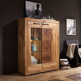 Pharao24.de Wohnzimmer Highboard aus Wildeiche massiv LED Beleuchtung