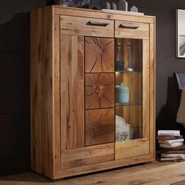 Pharao24.de Highboard Vitrine aus Wildeiche Massivholz 135 cm hoch