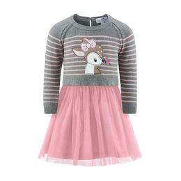 happy girls Set: Kleid und Pullover M&auml;dchen Gr&ouml;&szlig;e 128/134 braun / grau / pink / wei&szlig;