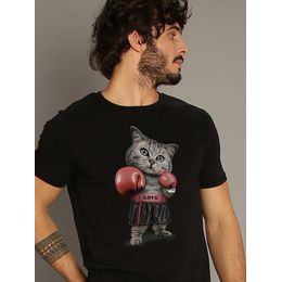 WOOOP Shirt "Boxing Cat" in Schwarz - 60% | Gr&ouml;&szlig;e L | Herren-plussize