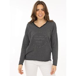Zwillingsherz Damen Sweatshirt &raquo;"Positive Mind"&laquo;, ausgefranster V-Ausschnitt, Used Look, Langarm, Schriftzug L/XL