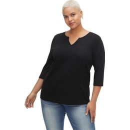 sheego Damen 3/4-Arm-Shirt mit geschlitztem Ausschnitt schwarz Gr&ouml;&szlig;e 44/46