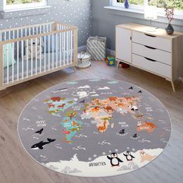 Kinderteppich Paco Home, H:4mm &Oslash;:200cm, grau, Polyester, Teppiche, "Bino 581", Spielteppich, Motiv Weltkarte & Tiere, Kinderzimmer