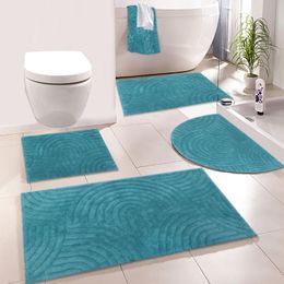 Badematte my home, H:15mm, blau, Baumwolle, Badematten, "Juna, Badvorleger, Badezimmer Teppich, Zen, Scandi, Boho", Baumwolle, Hoch-Tief-Effekt, weich