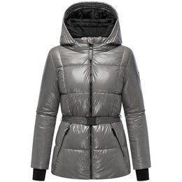 Steppjacke Navahoo "Eisglanz 14", Damen, Gr. M (38), grau, Obermaterial: 100% Nylon; Innenfutter: 100% Polyester; Wattierung: 100% Polyester; &Auml;rmelfutter: 100% Polyester, figurumspielend Po-bedeckend, hoch geschlossener Ausschnitt, elastischer Bund mit Daumenl&ouml;chern, Jacken Steppjacke, Gl&auml;nzende Damen Winterjacke mit Tailleng&uuml;rtel