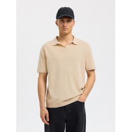 Poloshirt Selected Homme "SLHMATTIS SS KNIT SUN OPEN POLO NOOS", Herren, Gr. S, beige (oatmeal), Strick, Obermaterial: 65% Baumwolle, 35% Leinen, unifarben, regular fit normal, ohne Ausschnitt, B&uuml;ndchen, Shirts
