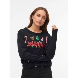 V&eacute;ro Moda VERO MODA Damen Weihnachtspullover "VMGLITTER LS O-NECK XMAS BOX"schwarz detail:with seq, merry artwork, Gr. XL, gemustert, Strick, Obermaterial: