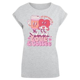 F4NT4STIC T-Shirt 'Love and Coffe Valentinstag' Damen Gr&ouml;&szlig;e XXXL graumeliert / rosa / rot / wei&szlig;