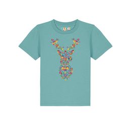 watabout.kids T-Shirt 'Floral Deer' Jungen Gr&ouml;&szlig;e 110/116 t&uuml;rkis / gelb / rot