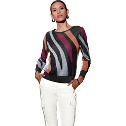 CR&Eacute;ATION L Damen Jacquard-Pullover mit Glanzgarn schwarz-koralle-gemustert Gr&ouml;&szlig;e 40