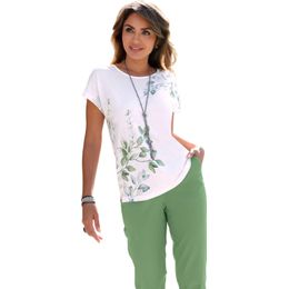 CR&Eacute;ATION L Damen Rundhalsshirt mit Bl&auml;tter-Druck und Glitzersteinchen wei&szlig;-eucalyptus-bedruckt Gr&ouml;&szlig;e 36
