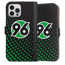 DeinDesign iPhone 13 Pro Max Handy Klapph&uuml;lle Handyh&uuml;lle aus Kunst Leder schwarz Flip Case Logo Hannover 96 Muster Sideflip mit langer Lasche
