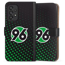 DeinDesign Galaxy A53 5G Handy Klapph&uuml;lle Handyh&uuml;lle aus Kunst Leder schwarz Flip Case Hannover 96 Logo Muster Sideflip mit langer Lasche