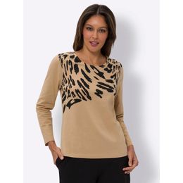 Langarmshirt Classic Basics "Langarm-Shirt", Damen, Gr. 46, beige (camel, schwarz), 100% Baumwolle, bedruckt, gemustert, Rundhals, Shirts Langarmshirt