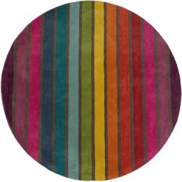 FLAIR RUGS Wollteppich &raquo;Candy&laquo; rund 10 mm H&ouml;he aus 100% Wolle, Design mit Streifen, mehrfarbig gemustert, bunt bunt Wolle