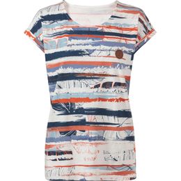 CR&Eacute;ATION L Damen Print-Shirt mit vorne abgerundetem Saum dunkelblau-papaya-bedruckt Gr&ouml;&szlig;e 40