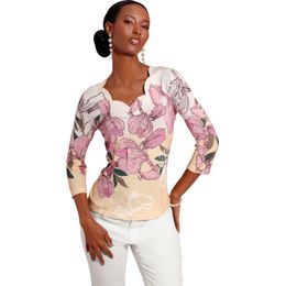 CR&Eacute;ATION L Damen 3/4-Arm-Shirt mit Wellenkante am Ausschnitt ecru-orchidee-bedruckt Gr&ouml;&szlig;e 36