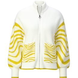 CR&Eacute;ATION L Damen Jacquardstrickjacke in kurzer Form ecru-limone-gemustert Gr&ouml;&szlig;e 36