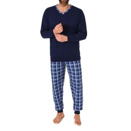 Normann Langarm Schlafanzug B&uuml;ndchen und karierter Jersey Pyjamahose - 86148 in navy | Gr.: 48