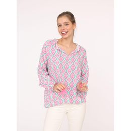 Schlupfbluse Zwillingsherz ""Ovale Ranken"", Damen, Gr. SM (S/M), rosa (mittelpink), Obermaterial: 100% Viskose, gemustert, loose fit h&uuml;ftlang, Serafino, Blusen Schlupfbluse, Bindeband mit Tasseln, Langarm, V-Ausschnitt, Viskose