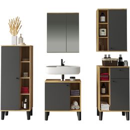 Badm&ouml;bel-Set Inosign "OSLO, Bad im skandinavischen Design, 5-teiliges Badezimmer", grau (eiche evoke, grau), B:182cm H:190cm T:33cm, Holzwerkstoff, Kastenm&ouml;bel-Sets, Badm&ouml;bel-Set, Badschr&auml;nke und Spiegel, in zwei Farben verf&uuml;gbar, viel Stauraum