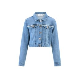 Jeansjacke happy girls, Jungen, Gr. 140, jeans blau, Denim/Jeans;Twill, Obermaterial: 98% Baumwolle, 2% Elasthan, kontrastfarbene Details, unifarben, Basic taillenlang, 1-Knopf-Manschette mit Schlitz, Jacken Jeansjacke, mit tollem Spitzendetail