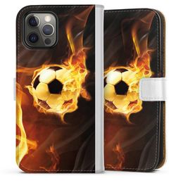 DeinDesign iPhone 12 Pro Max Handy Klapph&uuml;lle Handyh&uuml;lle aus Kunst Leder wei&szlig; Flip Case Soccer Ball Fire Sideflip mit Lasche