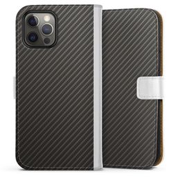 DeinDesign iPhone 12 Pro Max Handy Klapph&uuml;lle Handyh&uuml;lle aus Kunst Leder wei&szlig; Flip Case Carbon Metallic Look Muster Sideflip mit Lasche