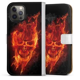 DeinDesign iPhone 12 Pro Max Handy Klapph&uuml;lle Handyh&uuml;lle aus Kunst Leder wei&szlig; Flip Case Fire Skull Totenkopf Sideflip mit Lasche