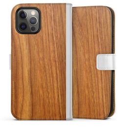 DeinDesign iPhone 12 Pro Max Handy Klapph&uuml;lle Handyh&uuml;lle aus Kunst Leder wei&szlig; Flip Case Larch Wood Wooden Look Sideflip mit Lasche