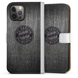 DeinDesign iPhone 12 Pro Max Handy Klapph&uuml;lle Handyh&uuml;lle aus Kunst Leder wei&szlig; Flip Case Fcb Metallic Look Fc Bayern M&uuml;nchen Sideflip mit Lasche