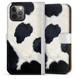 DeinDesign iPhone 12 Pro Max Handy Klapph&uuml;lle Handyh&uuml;lle aus Kunst Leder wei&szlig; Flip Case Animal Look Animal Print Cow Skin Sideflip mit Lasche
