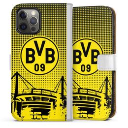 DeinDesign iPhone 12 Pro Max Handy Klapph&uuml;lle Handyh&uuml;lle aus Kunst Leder wei&szlig; Flip Case Bvb Stadium Borussia Dortmund Sideflip mit Lasche