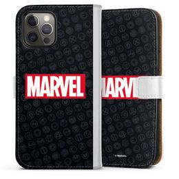 DeinDesign iPhone 12 Pro Max Handy Klapph&uuml;lle Handyh&uuml;lle aus Kunst Leder wei&szlig; Flip Case Logo Marvel Comic Sideflip mit Lasche