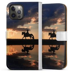 DeinDesign iPhone 12 Pro Max Handy Klapph&uuml;lle Handyh&uuml;lle aus Kunst Leder wei&szlig; Flip Case Sunset Horseback Riding Horse Sideflip mit Lasche