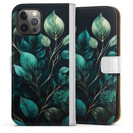 DeinDesign iPhone 12 Pro Max Handy Klapph&uuml;lle Handyh&uuml;lle aus Kunst Leder wei&szlig; Flip Case Leaves Black Eukalyptus Sideflip mit Lasche