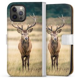 DeinDesign iPhone 12 Pro Max Handy Klapph&uuml;lle Handyh&uuml;lle aus Kunst Leder wei&szlig; Flip Case Forrest Deer Meadow Sideflip mit Lasche