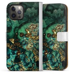 DeinDesign iPhone 12 Pro Max Handy Klapph&uuml;lle Handyh&uuml;lle aus Kunst Leder wei&szlig; Flip Case Marble Muster Glitzer Sideflip mit Lasche