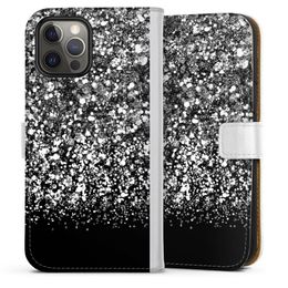 DeinDesign iPhone 12 Pro Max Handy Klapph&uuml;lle Handyh&uuml;lle aus Kunst Leder wei&szlig; Flip Case Muster Snowflake Glitzer Sideflip mit Lasche