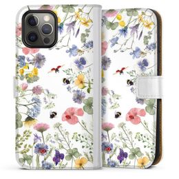 DeinDesign iPhone 12 Pro Max Handy Klapph&uuml;lle Handyh&uuml;lle aus Kunst Leder wei&szlig; Flip Case Flowers Bee Muster Sideflip mit Lasche