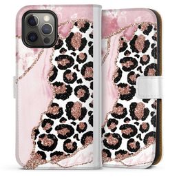 DeinDesign iPhone 12 Pro Max Handy Klapph&uuml;lle Handyh&uuml;lle aus Kunst Leder wei&szlig; Flip Case Leopard Glitzer Marble Sideflip mit Lasche