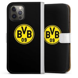 DeinDesign iPhone 12 Pro Max Handy Klapph&uuml;lle Handyh&uuml;lle aus Kunst Leder wei&szlig; Flip Case Logo Borussia Dortmund Bvb Sideflip mit Lasche