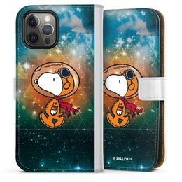 DeinDesign iPhone 12 Pro Max Handy Klapph&uuml;lle Handyh&uuml;lle aus Kunst Leder wei&szlig; Flip Case Astronaut Snoopy Official Licensed Product Sideflip mit Lasche