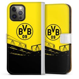 DeinDesign iPhone 12 Pro Max Handy Klapph&uuml;lle Handyh&uuml;lle aus Kunst Leder wei&szlig; Flip Case Merchandise Bvb Borussia Dortmund Sideflip mit Lasche