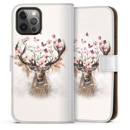 DeinDesign iPhone 12 Pro Max Handy Klapph&uuml;lle Handyh&uuml;lle aus Kunst Leder wei&szlig; Flip Case Deer Flowers Animals Sideflip mit Lasche