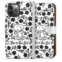 DeinDesign iPhone 12 Pro Max Handy Klapph&uuml;lle Handyh&uuml;lle aus Kunst Leder wei&szlig; Flip Case Peanuts Flowers Snoopy Sideflip mit Lasche