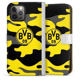 DeinDesign iPhone 12 Pro Max Handy Klapph&uuml;lle Handyh&uuml;lle aus Kunst Leder wei&szlig; Flip Case Borussia Dortmund Merchandise Bvb Sideflip mit Lasche